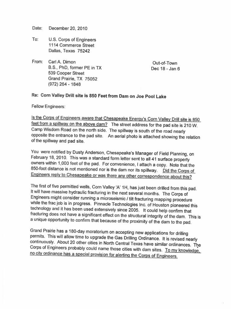 Letter to USACE (December 20, 2010) from Westchester Resident