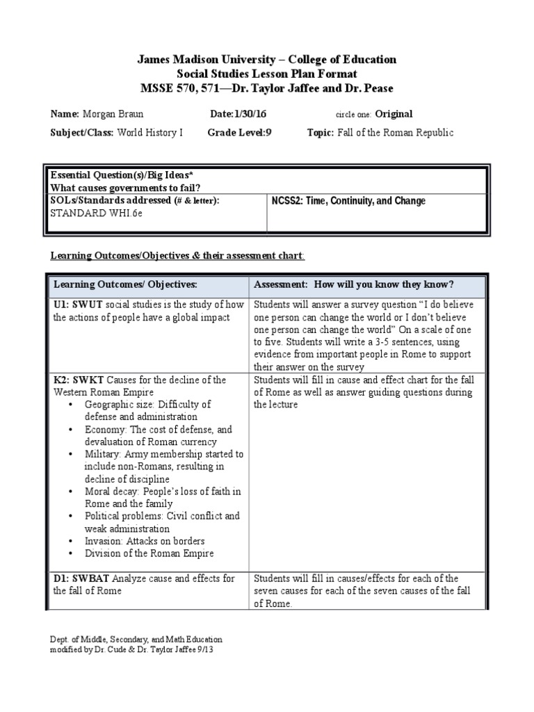 Causes of the Fall of Rome Lesson Plan | PDF | Roman Empire | Teachers