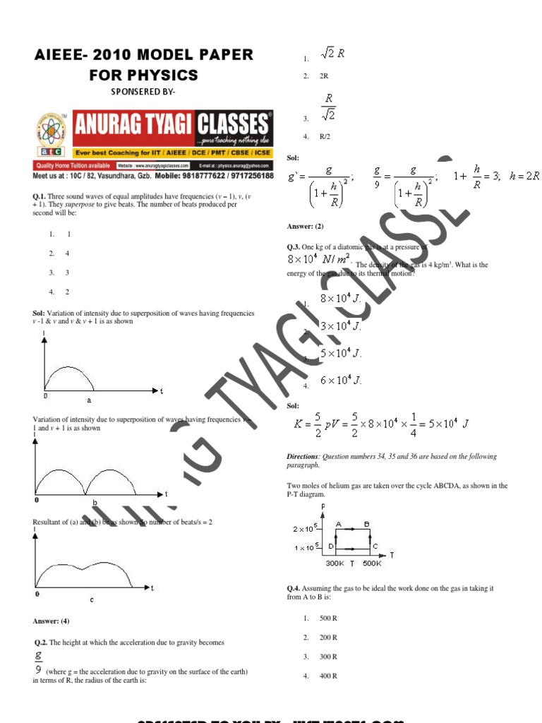 Aieee-2010 Model Paper/SAMPLE PAPER BY ANURAG TYAGI CLASSES | PDF | Electronvolt | Force