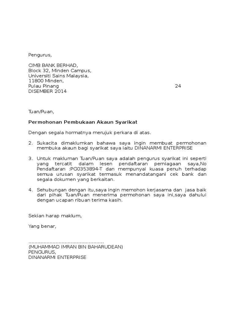 Contoh Buka Akaun Syarikat | PDF