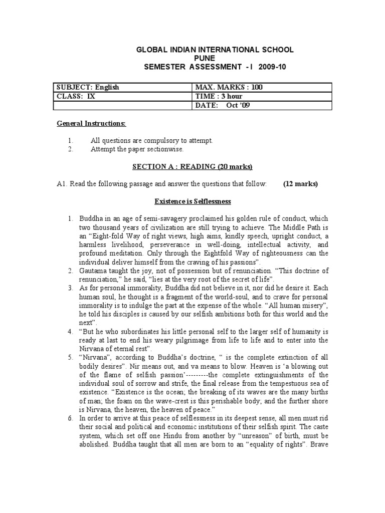 Class IX October Assesment Paper - Eng | PDF | Nirvana | Gautama Buddha