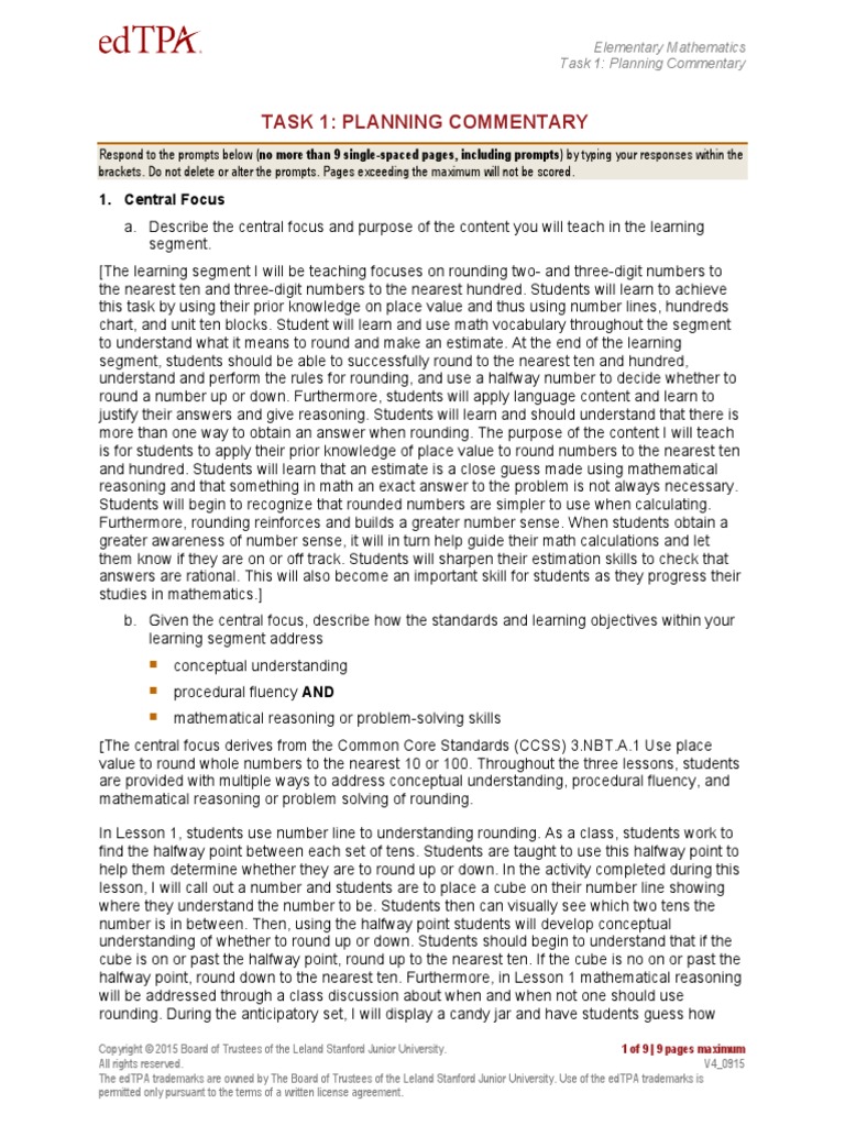 Edtpa Elm Planning Commentary Sandovalmarina | PDF | Question | Learning