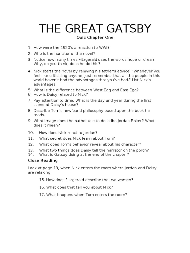 The Great Gatsby Chapter Quizzes | PDF | The Great Gatsby