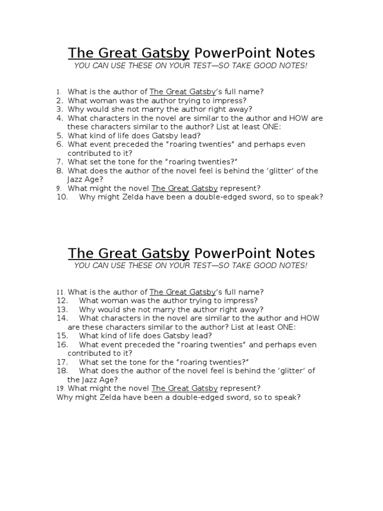Great Gatsby Study Guide Notes | PDF