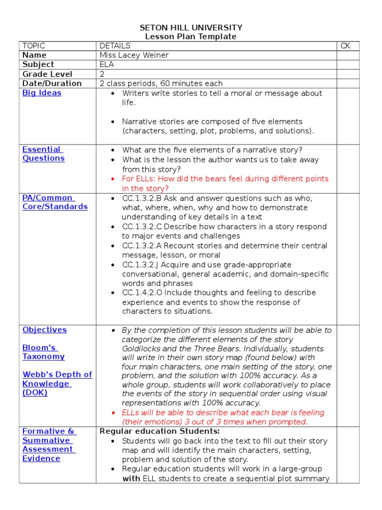 Goldilocks Lesson Plan | PDF | Lesson Plan | Goldilocks And The Three Bears