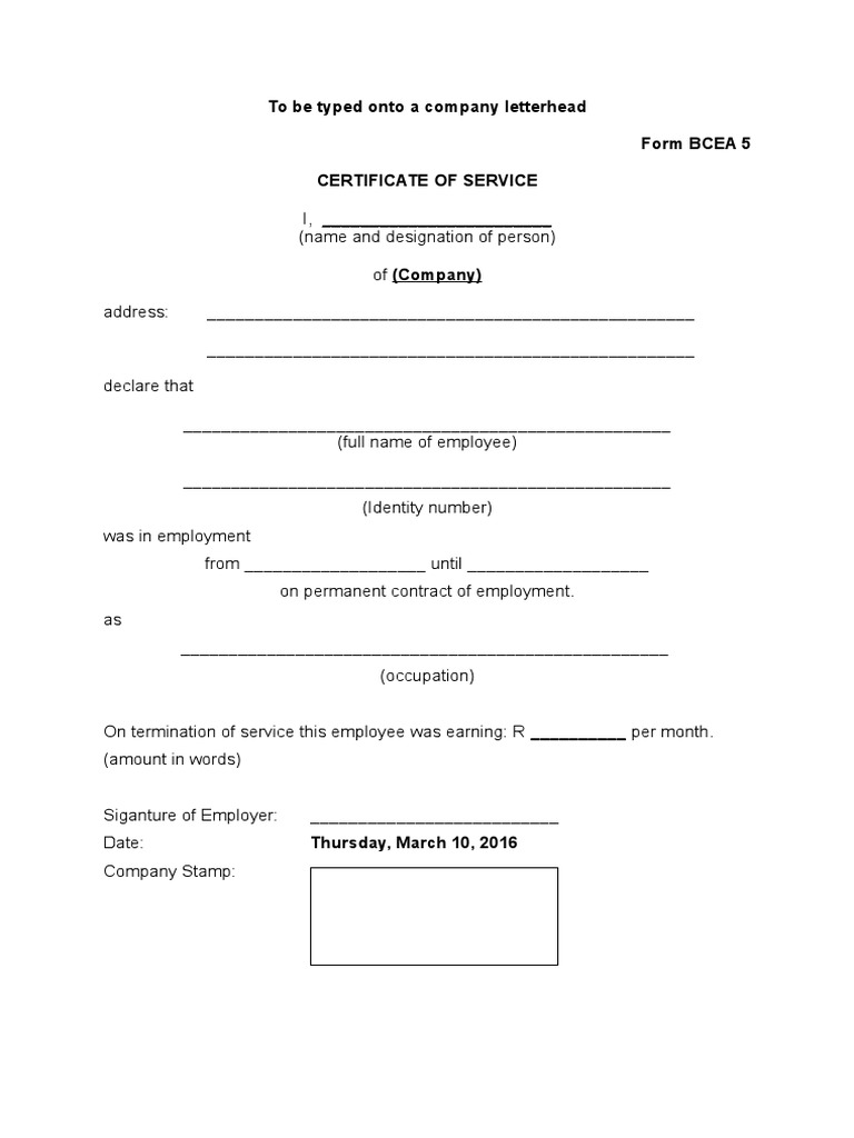 To Be Typed Onto A Company Letterhead Form BCEA 5 Certificate of ...