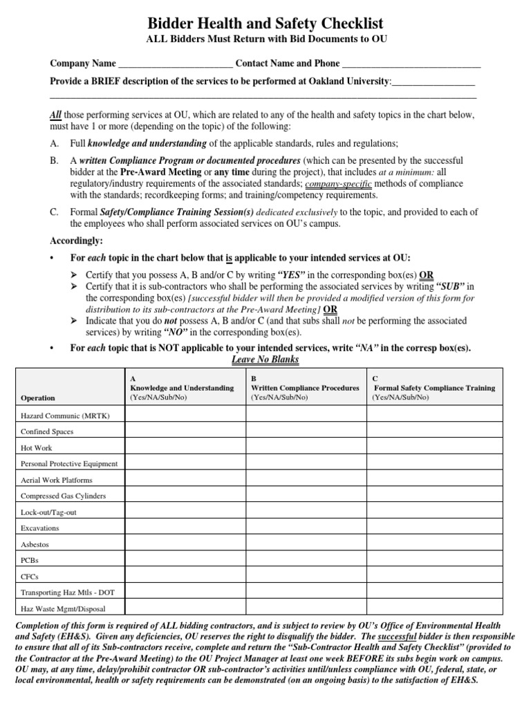 Bidder Health and Safety Checklist: ALL Bidders Must Return With Bid ...