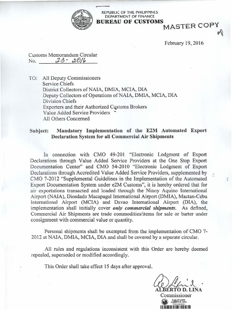 BOC CMC 23-2016 Mandatory Implementation of E2M Automated Export ...