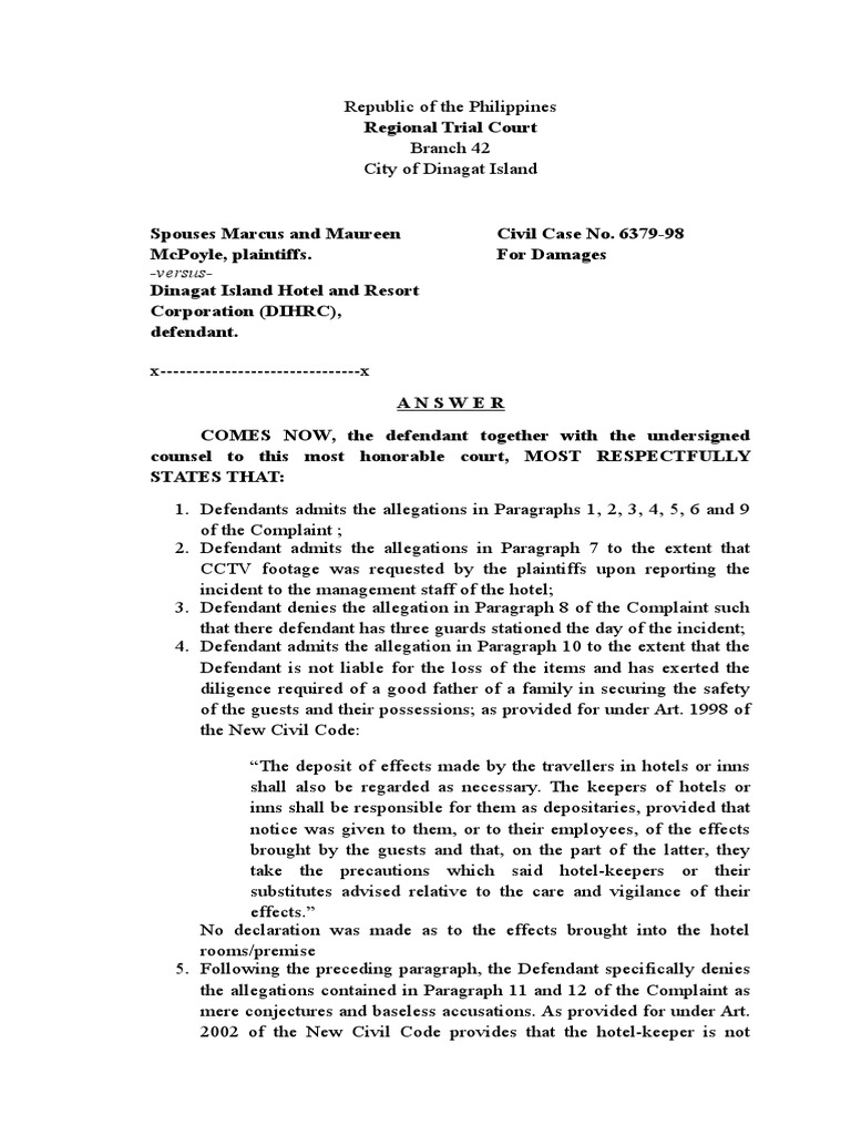Sample Answer For Civil Case | PDF | Pleading | Lawsuit