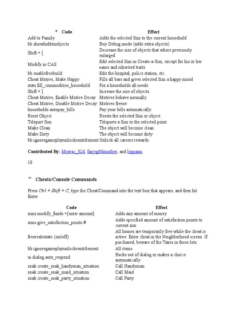 Effect: Cheats/Console Commands | PDF | Cheating In Video Games | Leisure