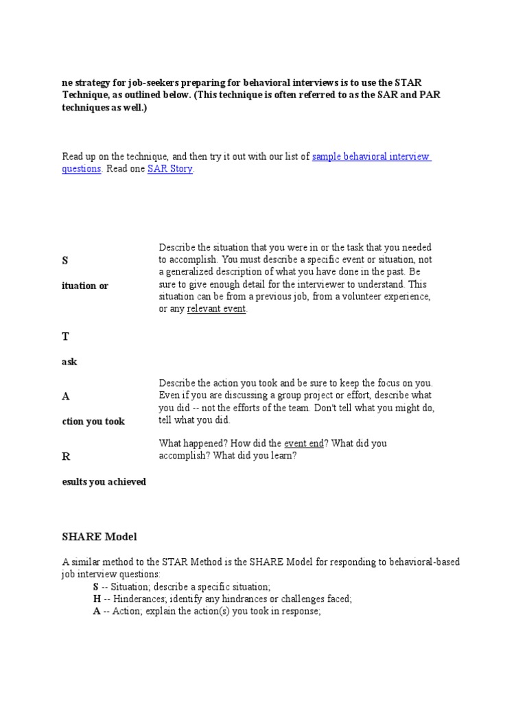 Sample Behavioral Interview Questions SAR Story | PDF | Job Interview ...