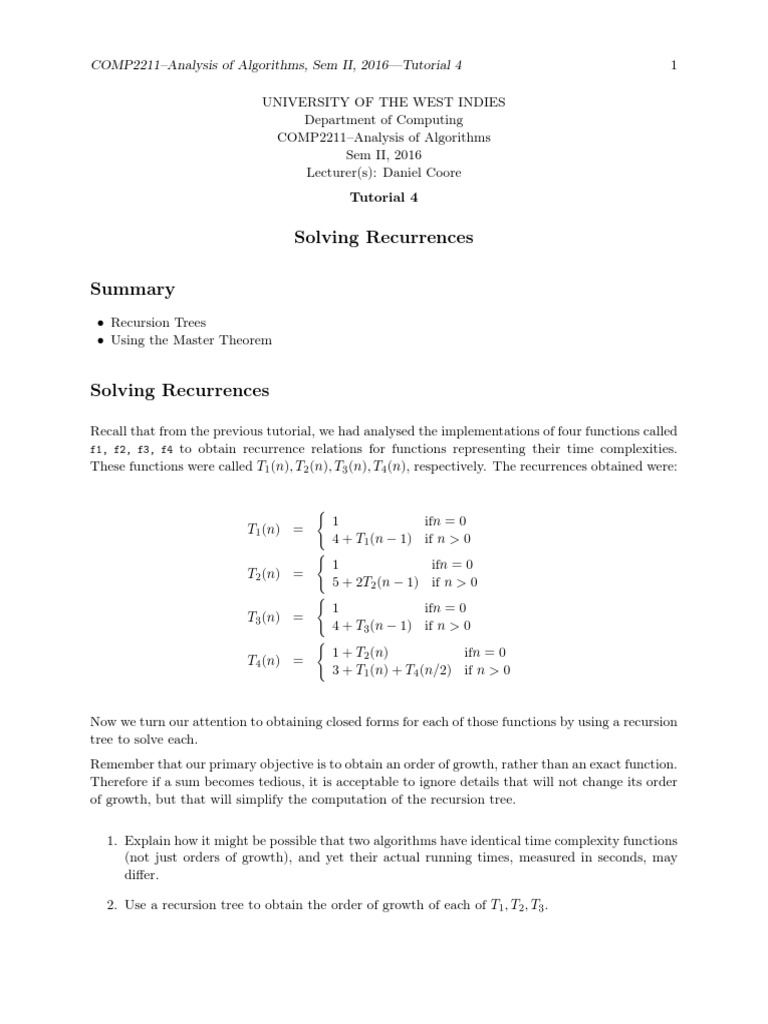 Solving Recurrences F1 F2 F3 F4 Pdf Recurrence Relation Exponentiation