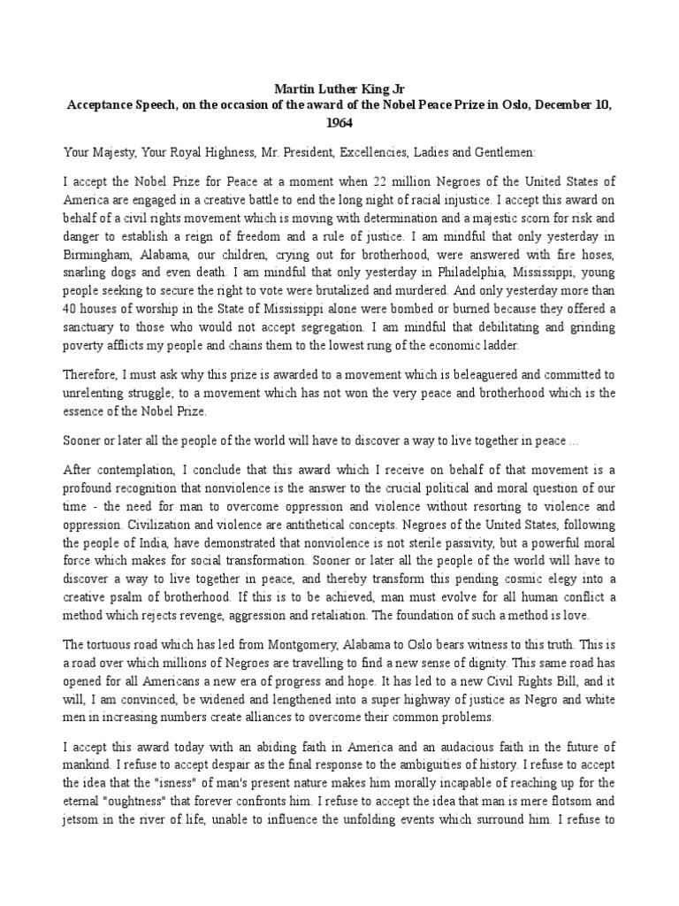 Martin Luther King JR Acceptance Speech, On The Occasion of The Award ...