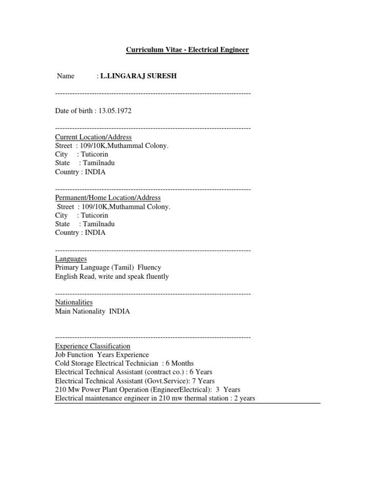 Curriculum Vitae - Electrical Engineer | PDF | Electrical Engineering | Electricity