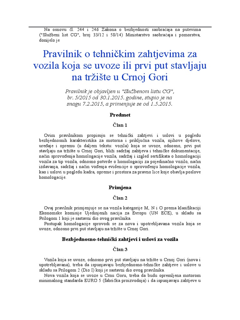 Pravilnik o Tehnickim Zahtjevima Za Vozila Koja Se Uvoze Ili Prvi Put Stavljaju Na Trziste U CG ...