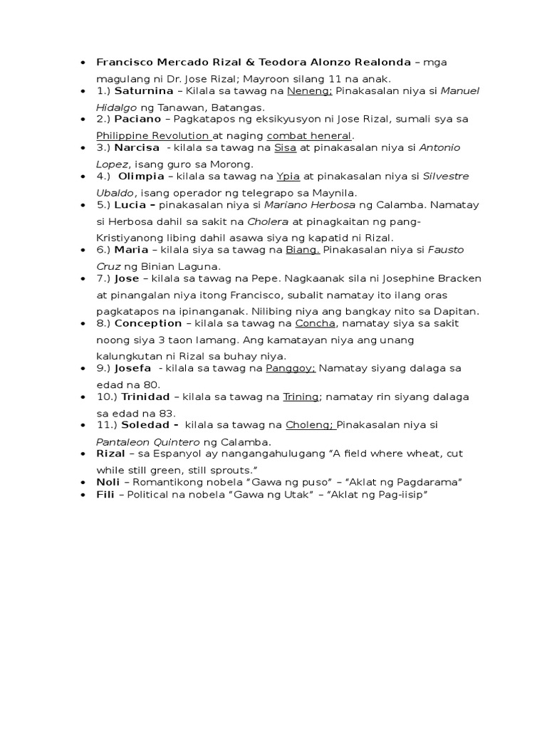 Mga Kapatid Ni Dr. Jose Rizal | PDF