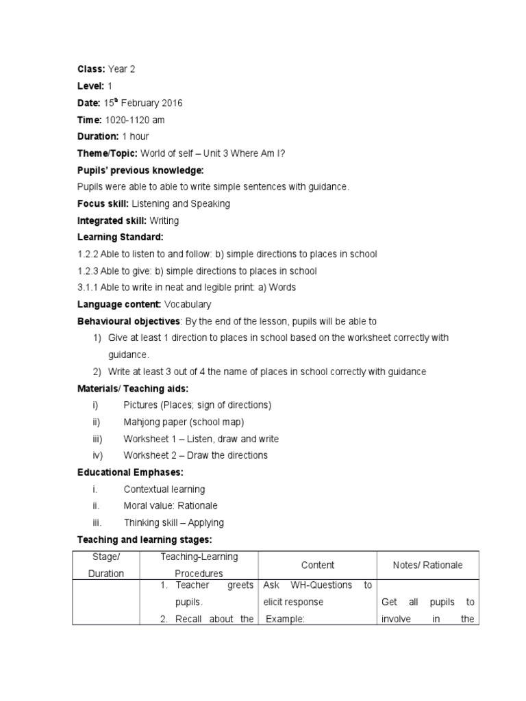 Year 2 Listening and Speaking Lesson Plan | PDF | Lesson Plan | Learning