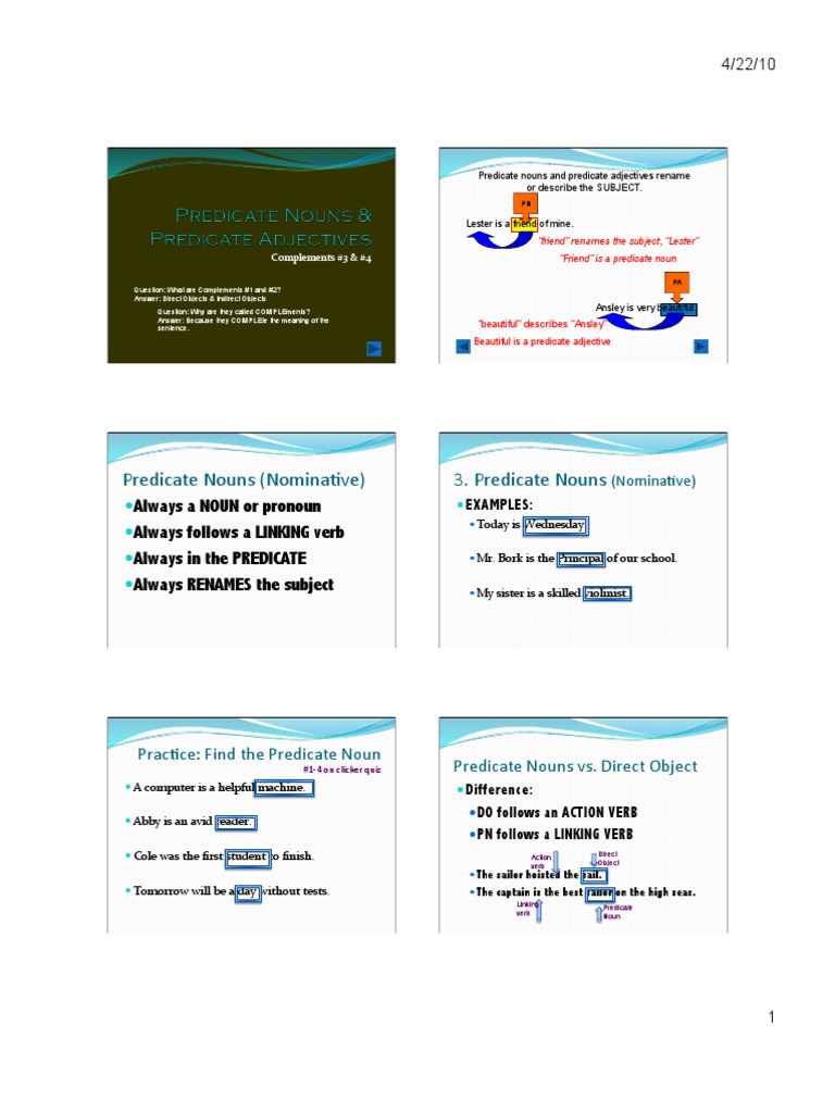 Understanding Predicate Nouns and Adjectives | PDF | Predicate (Grammar ...