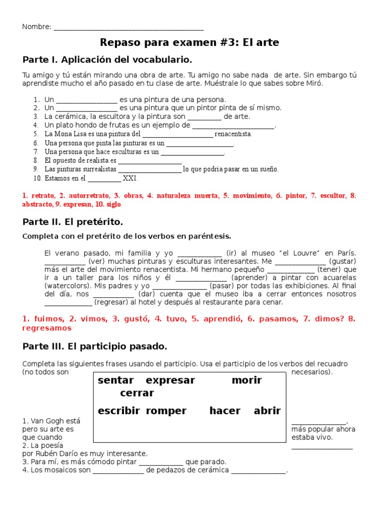 Tarea de Español: Repaso de Arte | PDF | Pinturas | Escultura