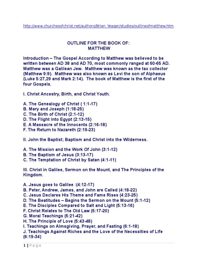 Gospel Outlines | Gospel Of Matthew | Gospel Of John