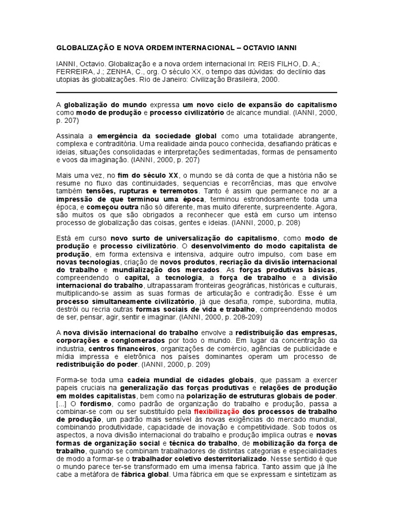Globalização e Nova Ordem Internacional - Octavio Ianni | PDF ...