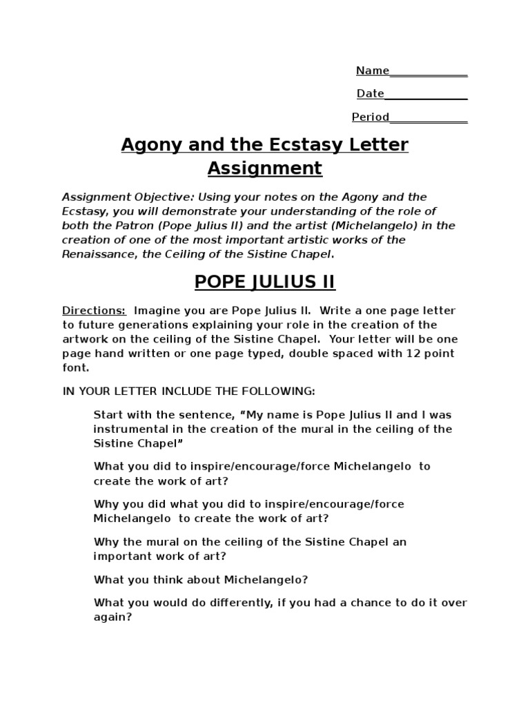 Agony and The Ecstasy Letter Assignment PJ | PDF | Michelangelo | Paintings