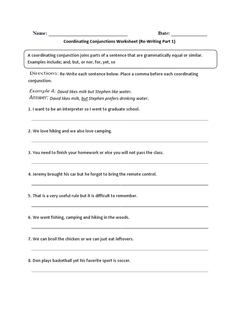 Coordinating Conjunctions Worksheet