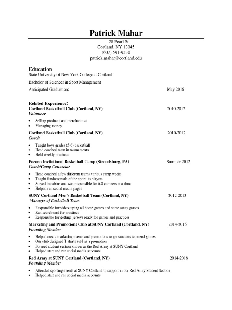 Patrick Mahar's Sport Management Resume | PDF | Further Education ...