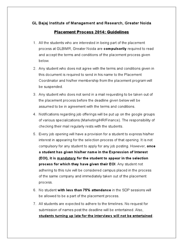 Placement Process 2014: Guidelines: GL Bajaj Institute of Management ...