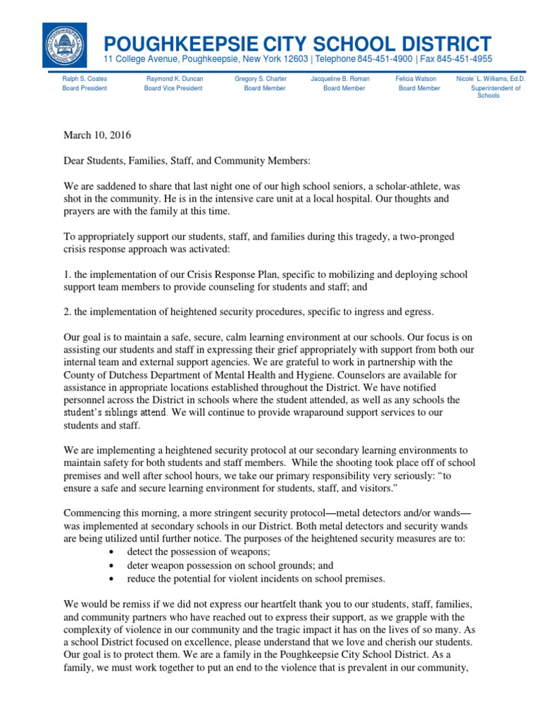 Poughkeepsie School District Letter Re Shooting | PDF | Violence | Schools