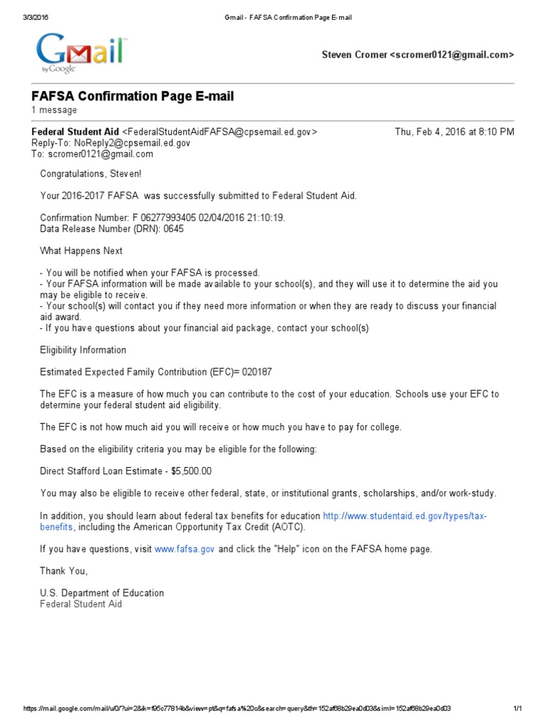 FAFSA Confirmation Page E Mail: Benefits WWW - Fafsa.gov | PDF