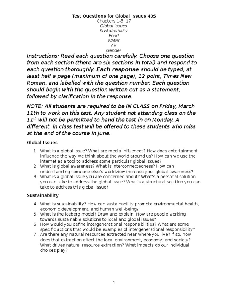 Global Issues Test Questions 1 | PDF | Sustainability | Water