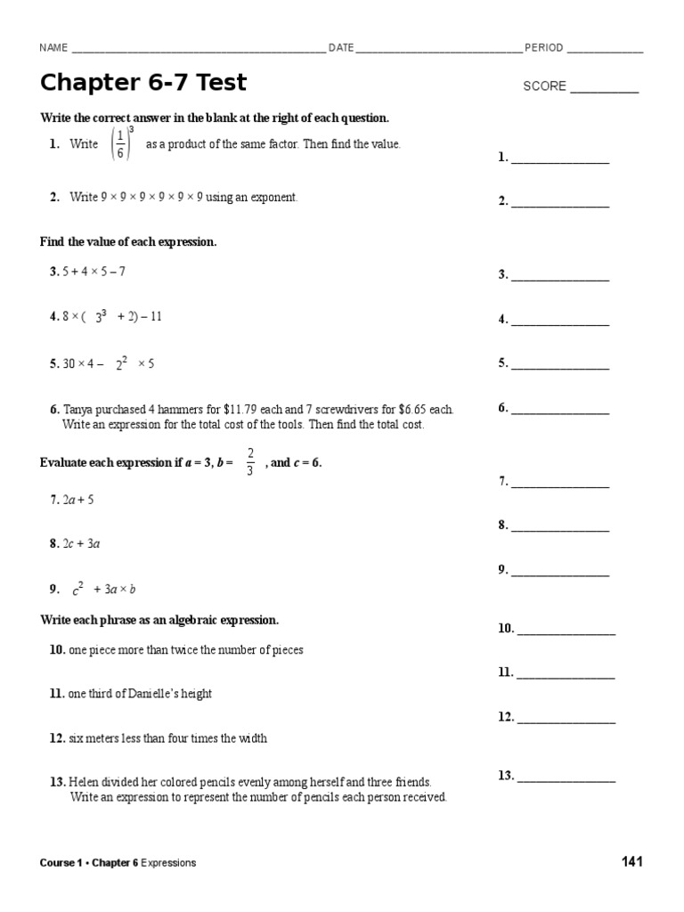 Chapter 6-7 Algebra Test Template | PDF