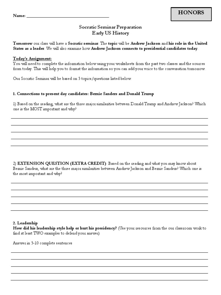 Socratic Seminar Preparation Honors | PDF | Andrew Jackson | Donald Trump