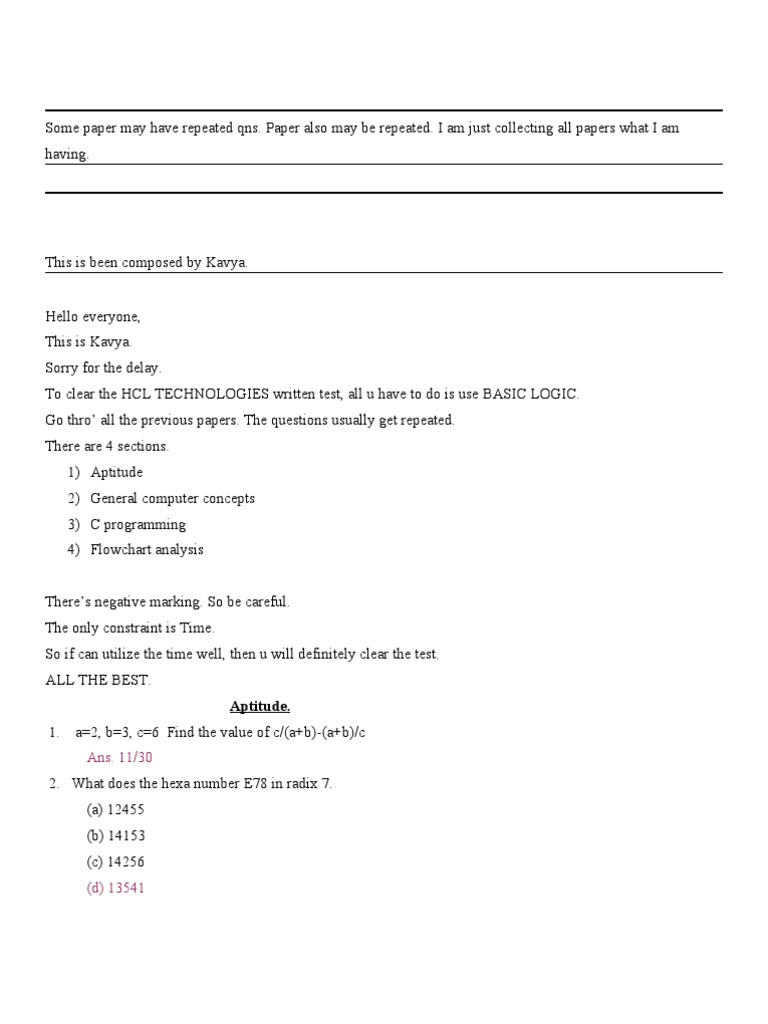 Hcl Papers Collection C Programming Language Array Data Type