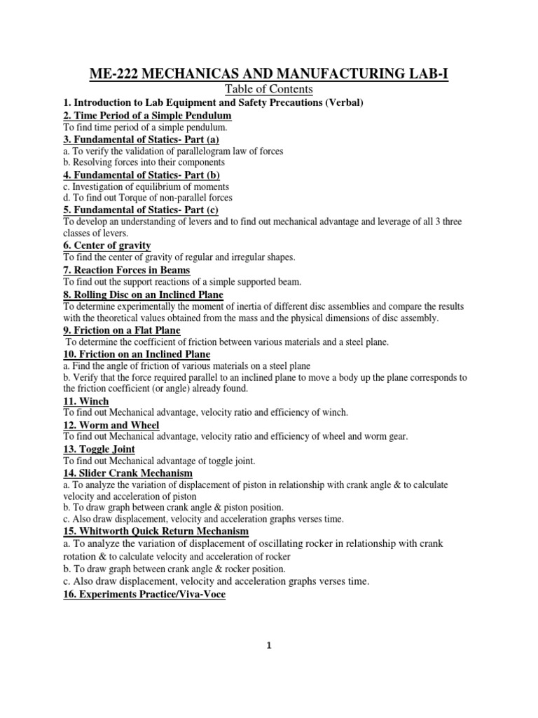 ME-222 Mechanics Manufacturing Lab-I | PDF | Friction | Lever