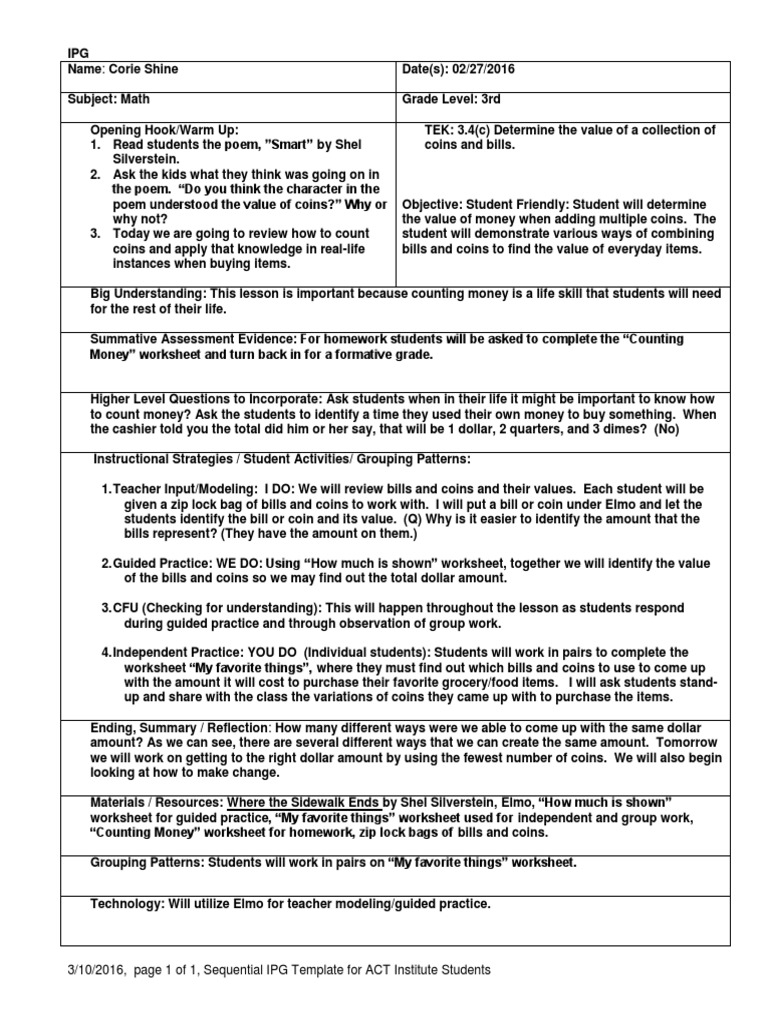3rd Grade Money Counting Lesson Plan | PDF | Lesson Plan | Cognitive ...