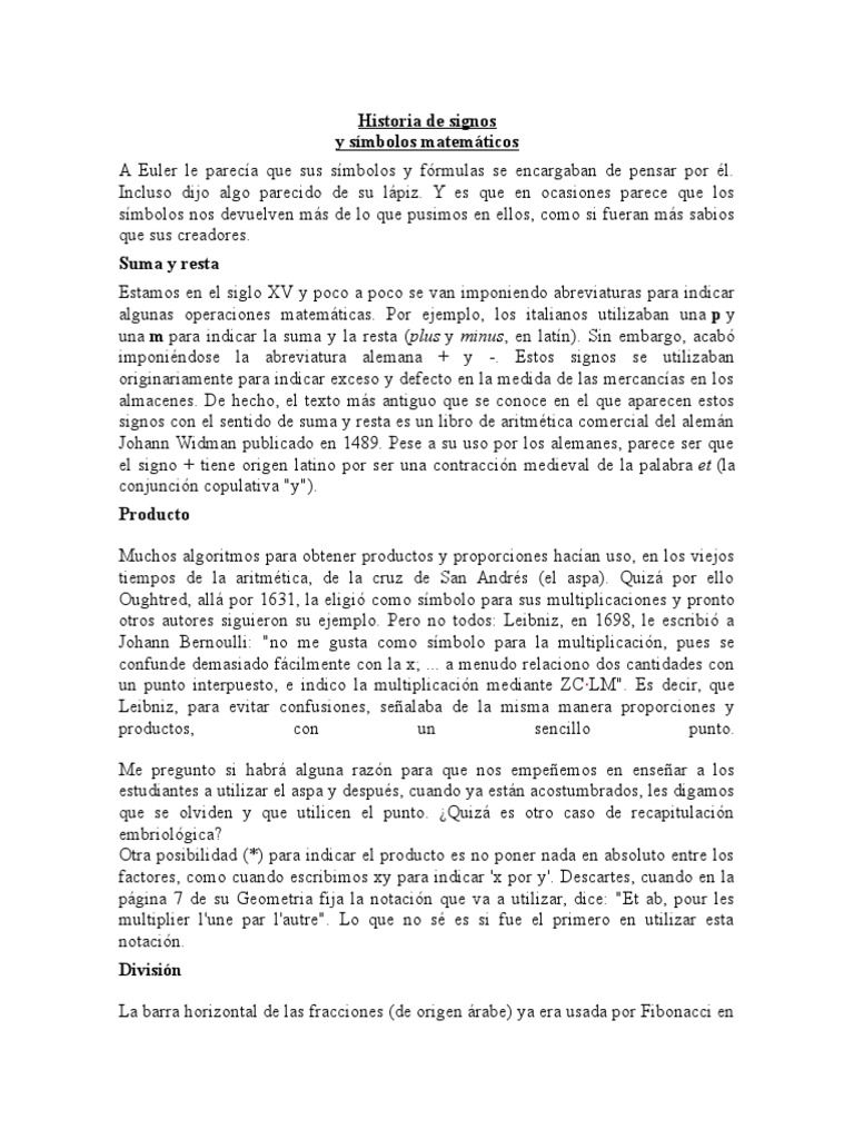 Historia de Los Signos Matemáticos | PDF | División (Matemáticas) | Multiplicación