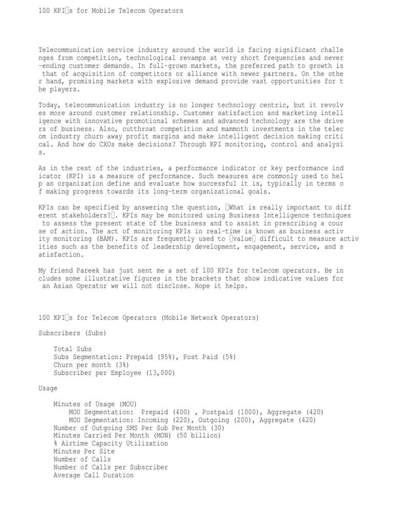 KPI For Telecom Operators | PDF | Roaming | Performance Indicator