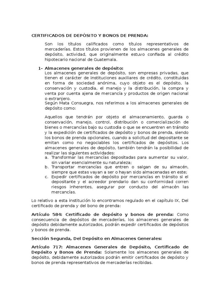 Certificados De Depósito Y Bonos De Prenda Pdf Propiedad