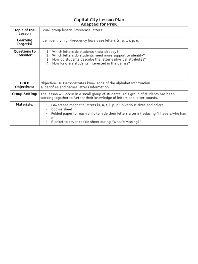 Capital City Lesson Plan Adapted For Prek: Topic of The Lesson Learning ...