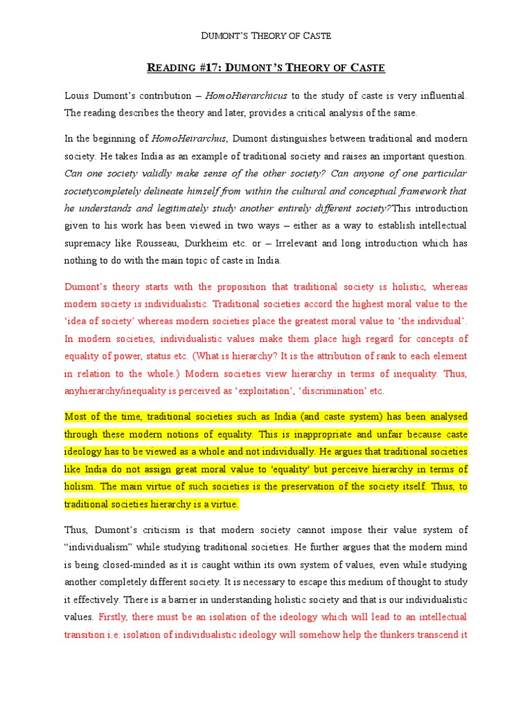 Dumont's Theory of Caste. | PDF | Caste | Holism