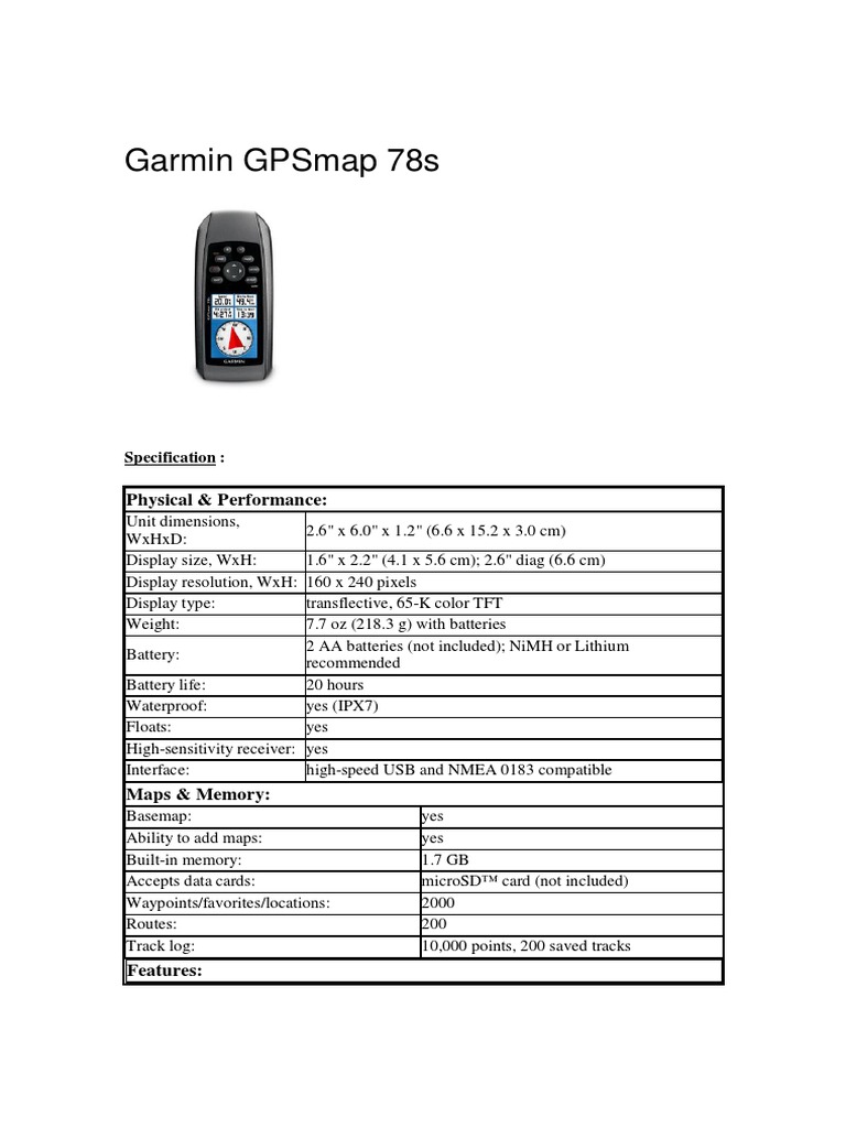 Garmin GPSmap 78s Specifications Guide | PDF | Computers
