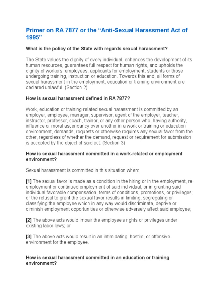 Primer RA 7877 | PDF | Sexual Harassment | Harassment