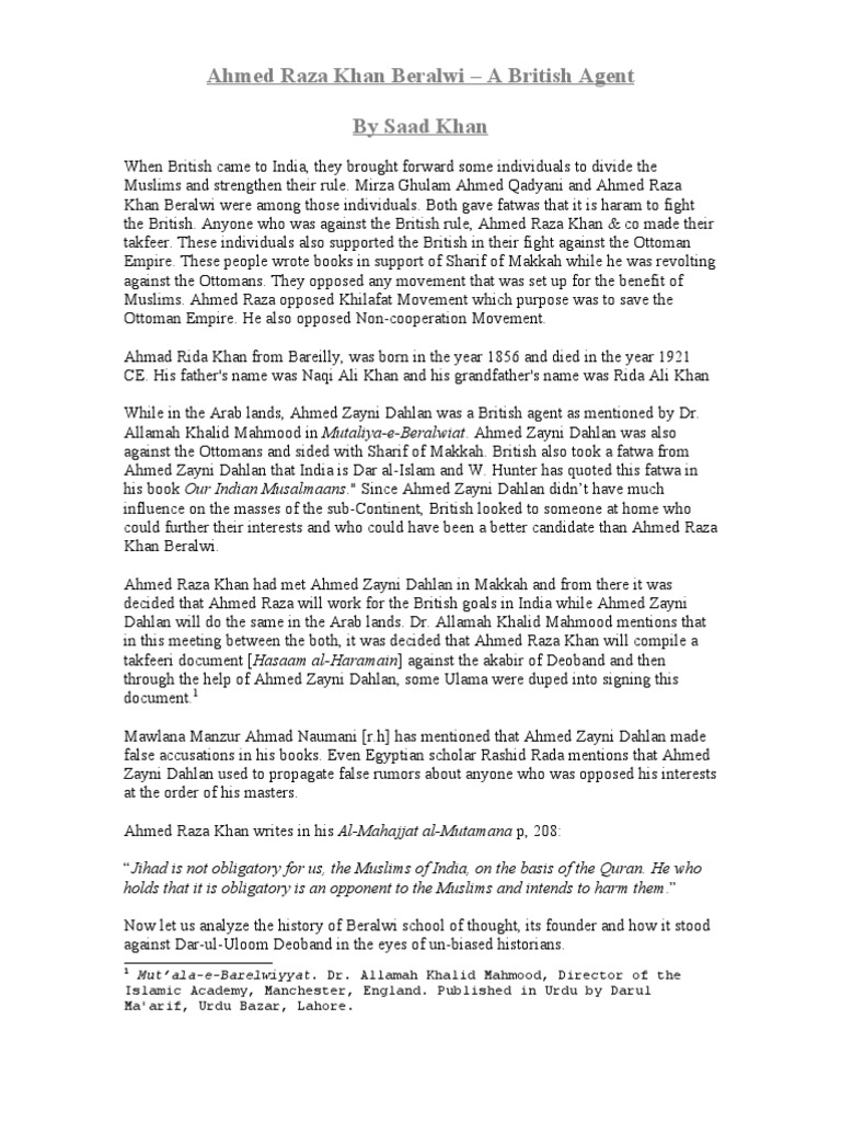 Ahmad Raza Khan Barelwi and The British | PDF | Ulama | Abrahamic Religions