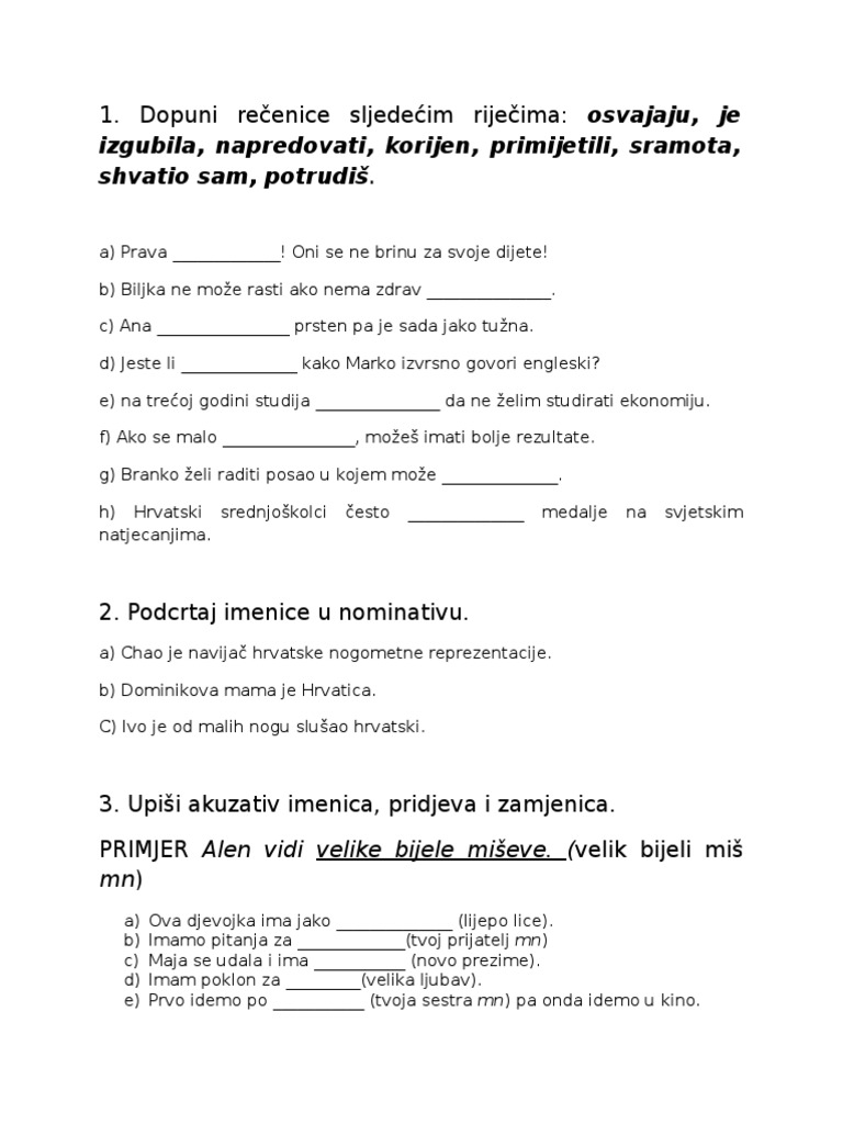 Zadaci Akuzativ (Hrvatski Jezik) | PDF