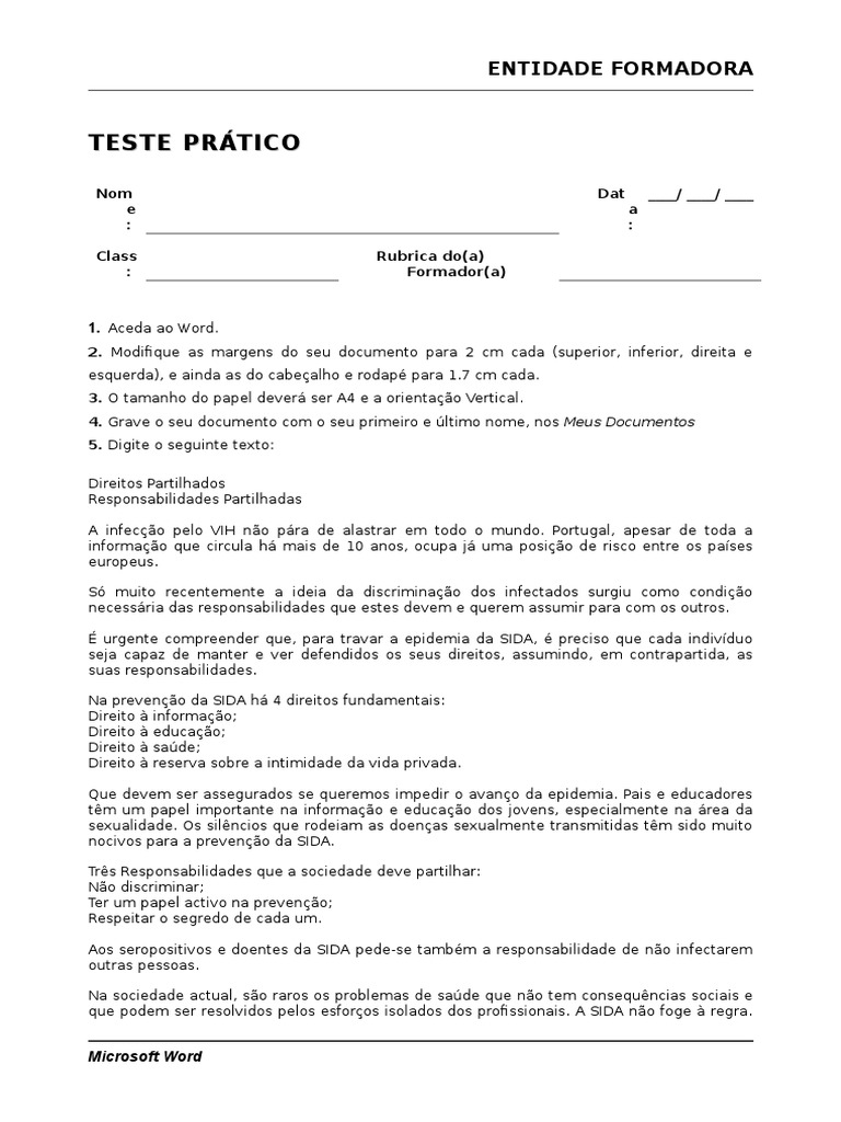 Teste Pratico de Word Iniciação