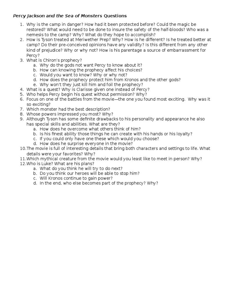 Percy Jackson Sea of Monsters Study Guide | PDF