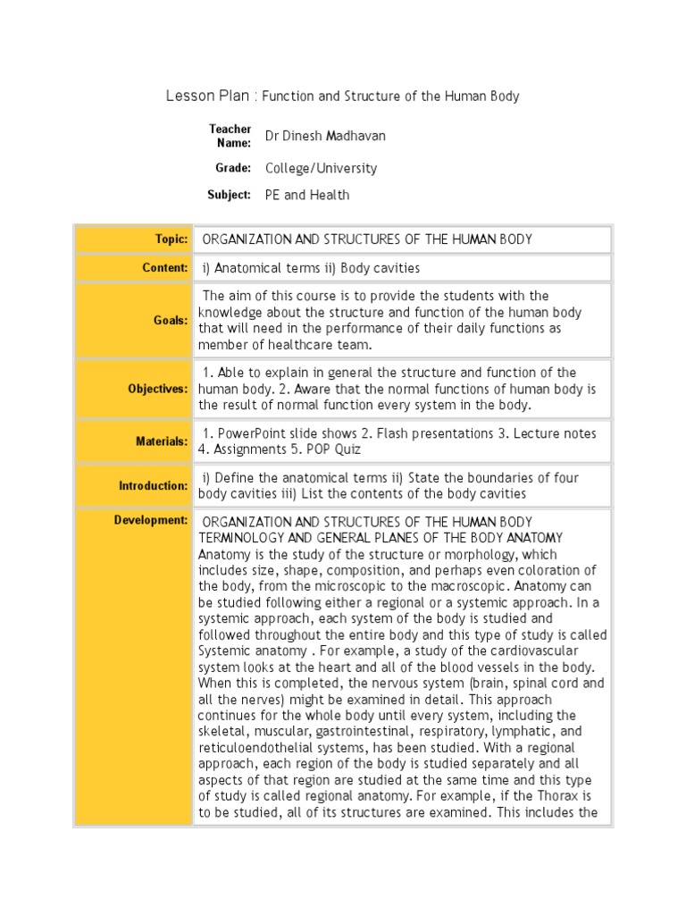 Lesson Plan Function and Structure of The Human Body | PDF | Anatomical ...