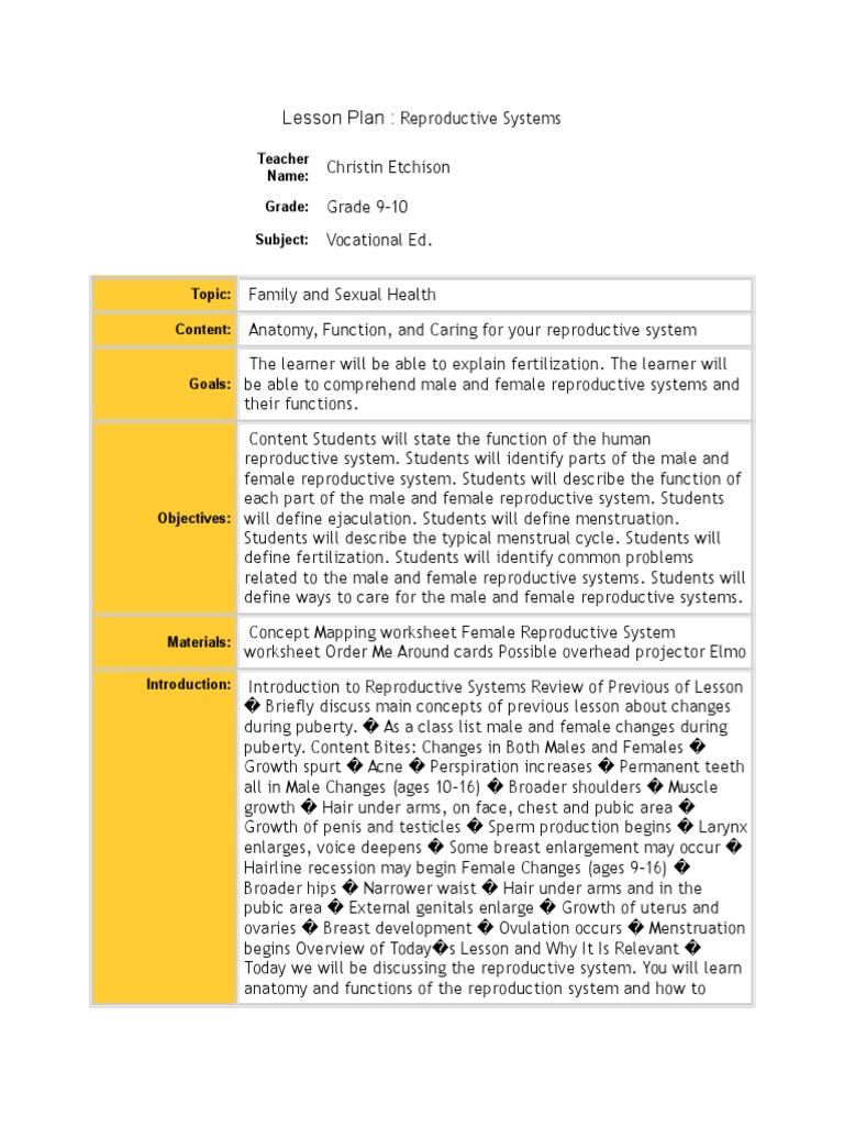 Reproductive Systems Lesson Plan | PDF | Reproductive System ...